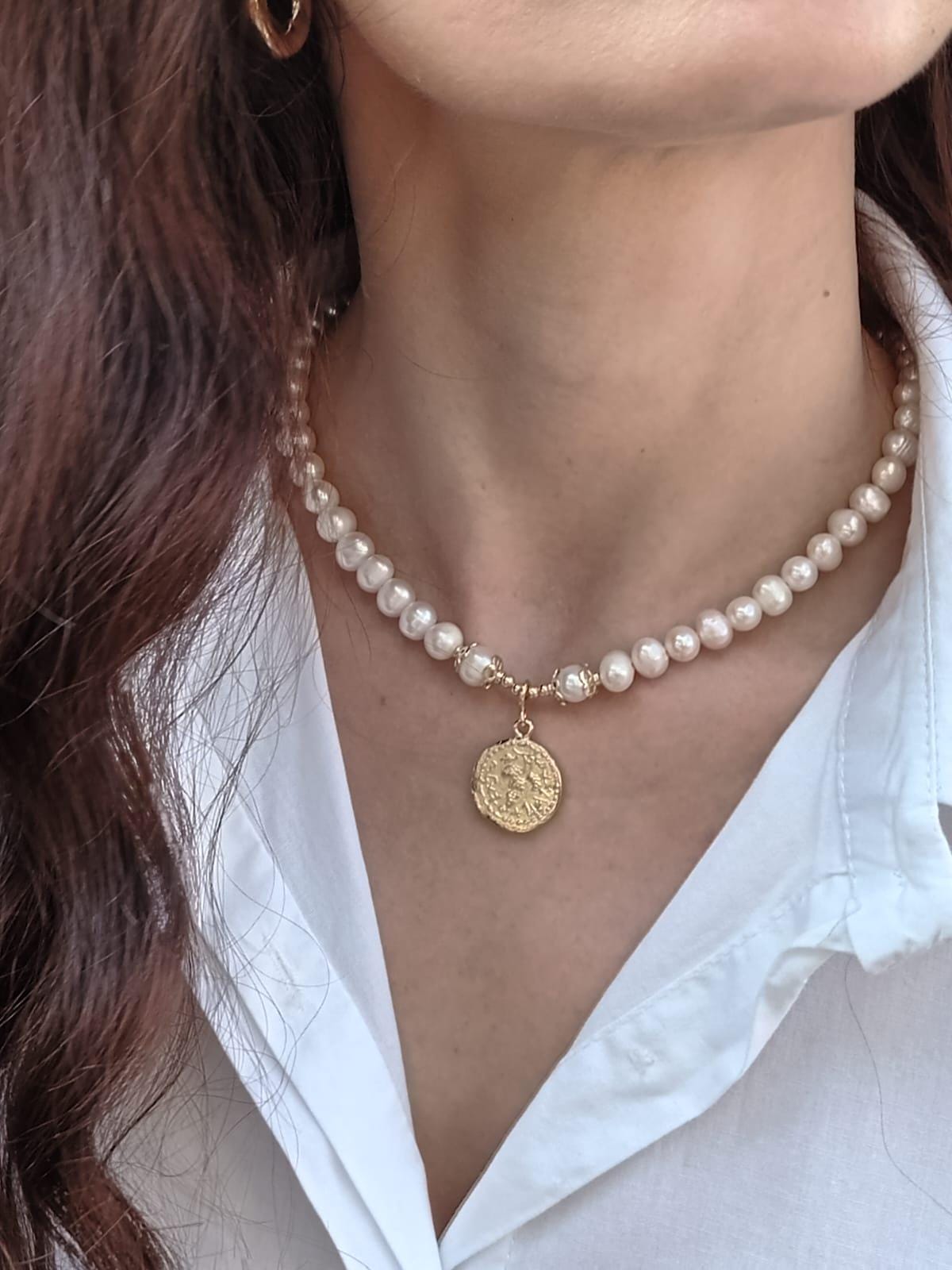 Ancient Coin in Gold on fresh water pearl necklace
